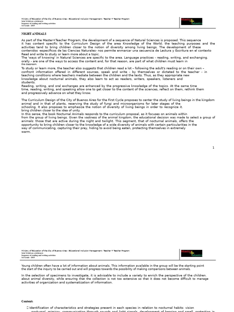 Sequence of Nocturnal Animals M+M | PDF | Zoology