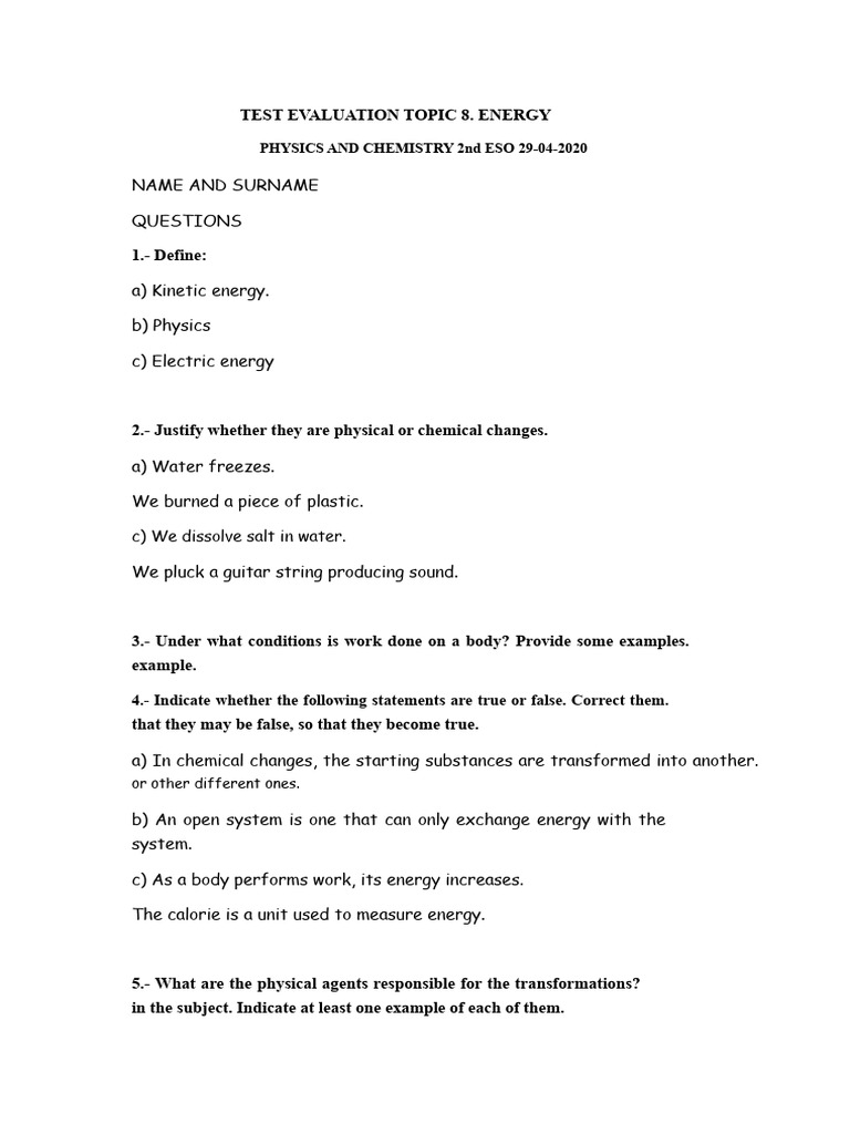 TEST EVALUATION TOPIC 8 PHYSICS AND CHEMISTRY | PDF