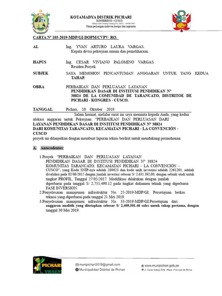 SURAT NO. 103-2019 PERMOHONAN PENETAPAN ANGGARAN | PDF