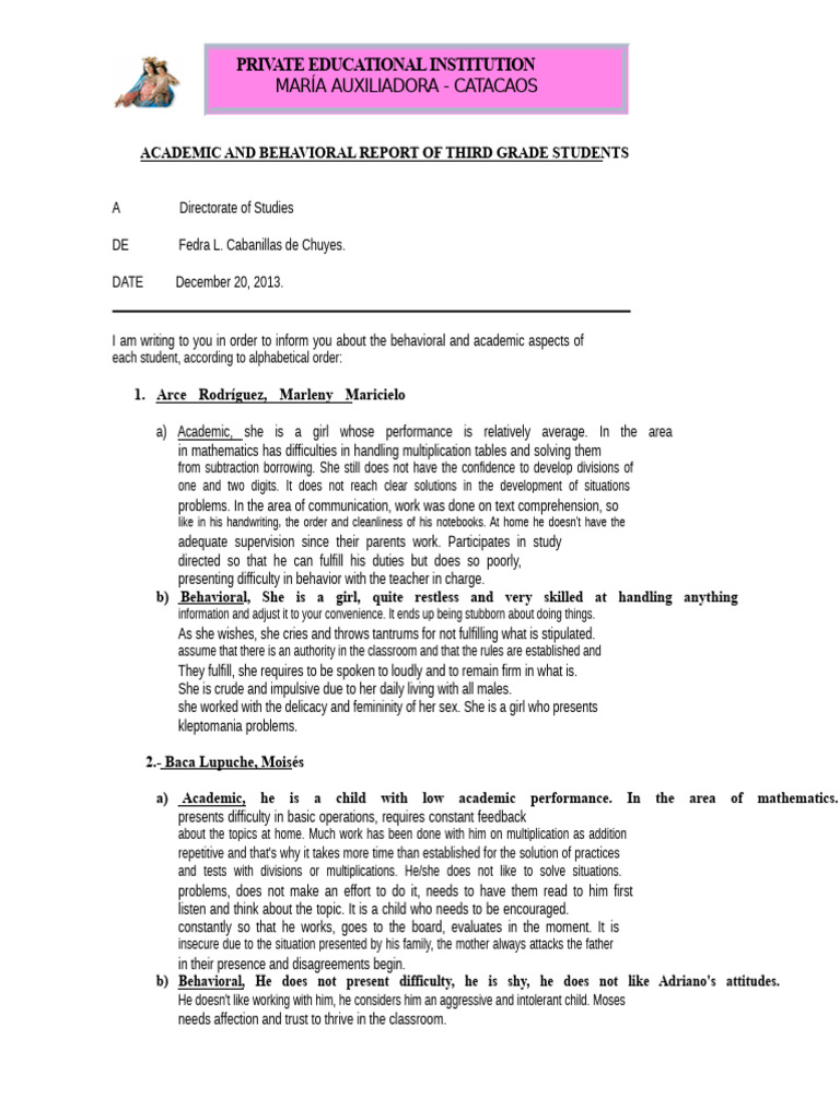 Academic and Behavioral Report 2016 | PDF | Communication | Behavioural ...