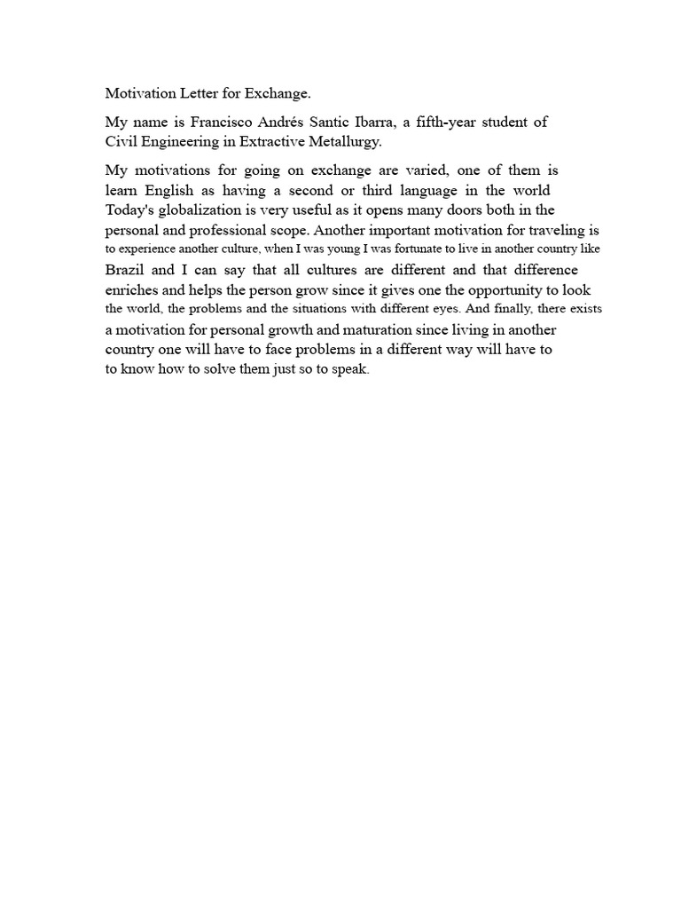 Exchange Motivation Letter: Personal Growth | PDF