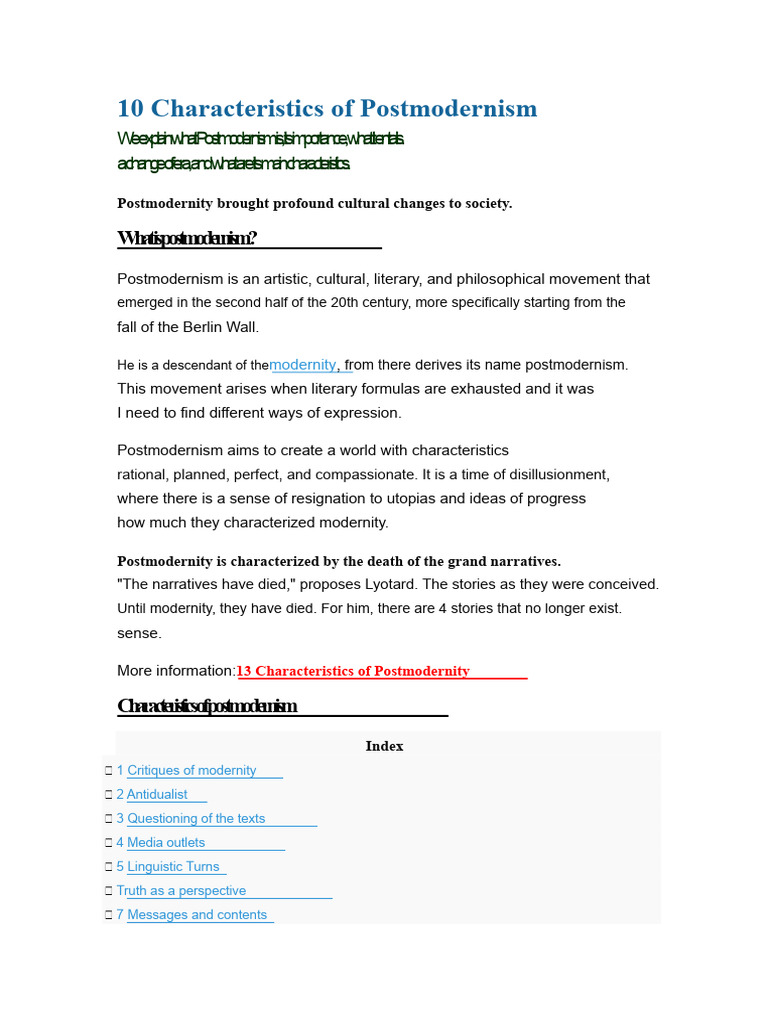 10 Characteristics of Postmodernism | PDF | Postmodernism | Modernity