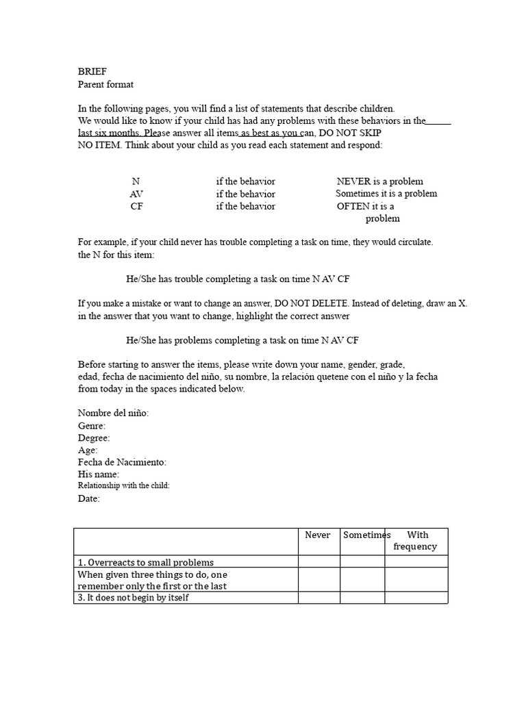 BRIEF Questionnaire Parents (1) (3) (2) | PDF | Psychological Concepts ...