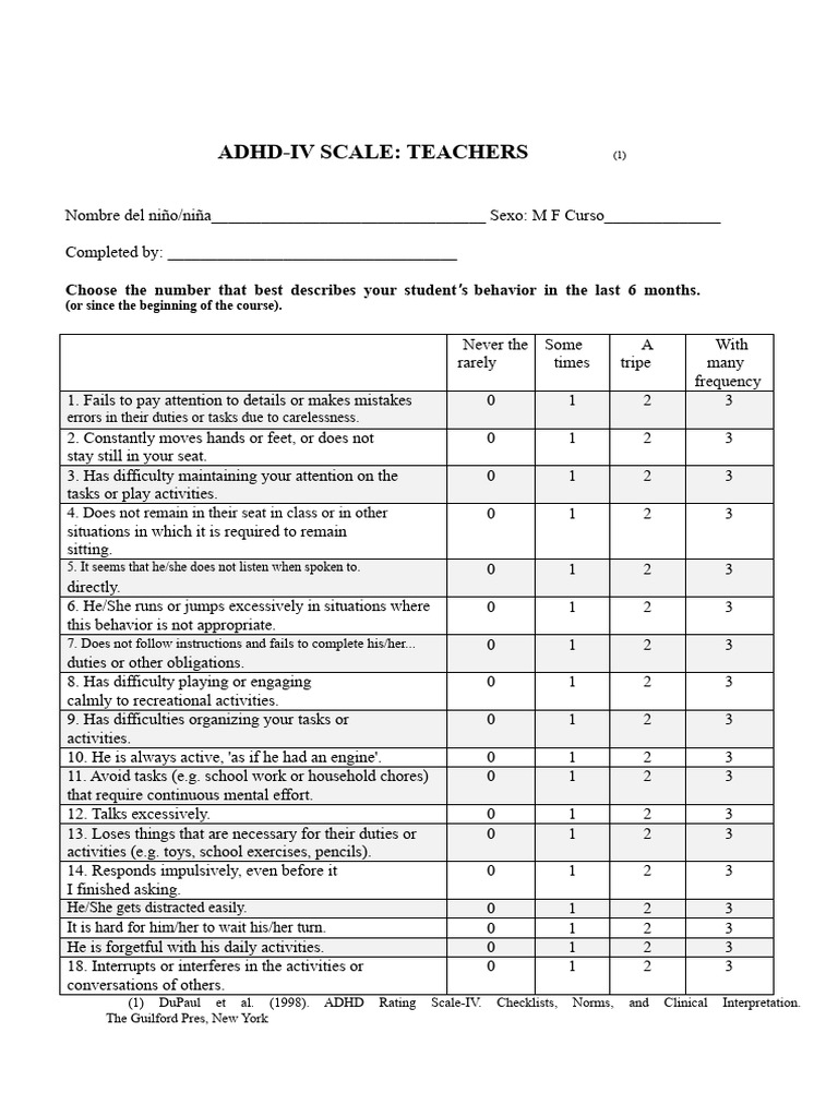 ADHD-IV Teacher Rating Scale | PDF | Attention Deficit Hyperactivity ...