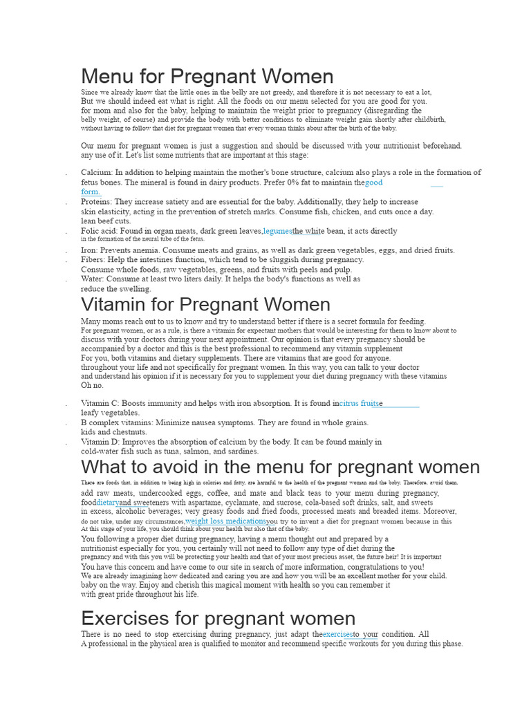 Menu For Pregnant Women | PDF | Pregnancy | Vitamin
