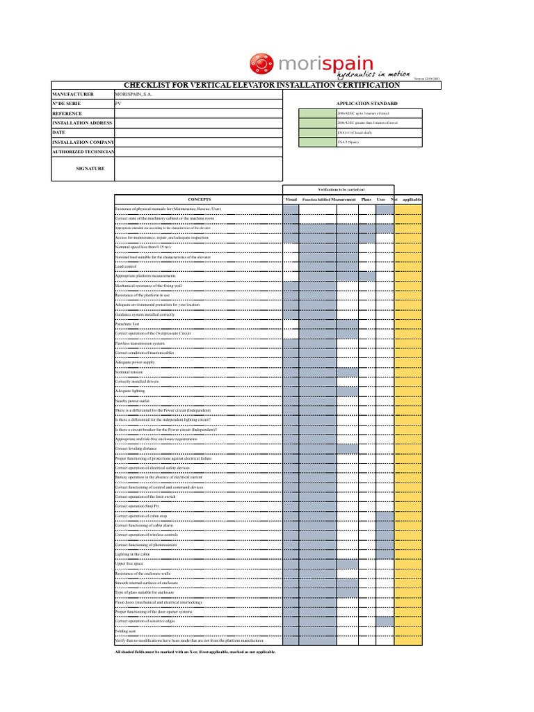 Vertical Elevator Installation Checklist | PDF | Elevator ...
