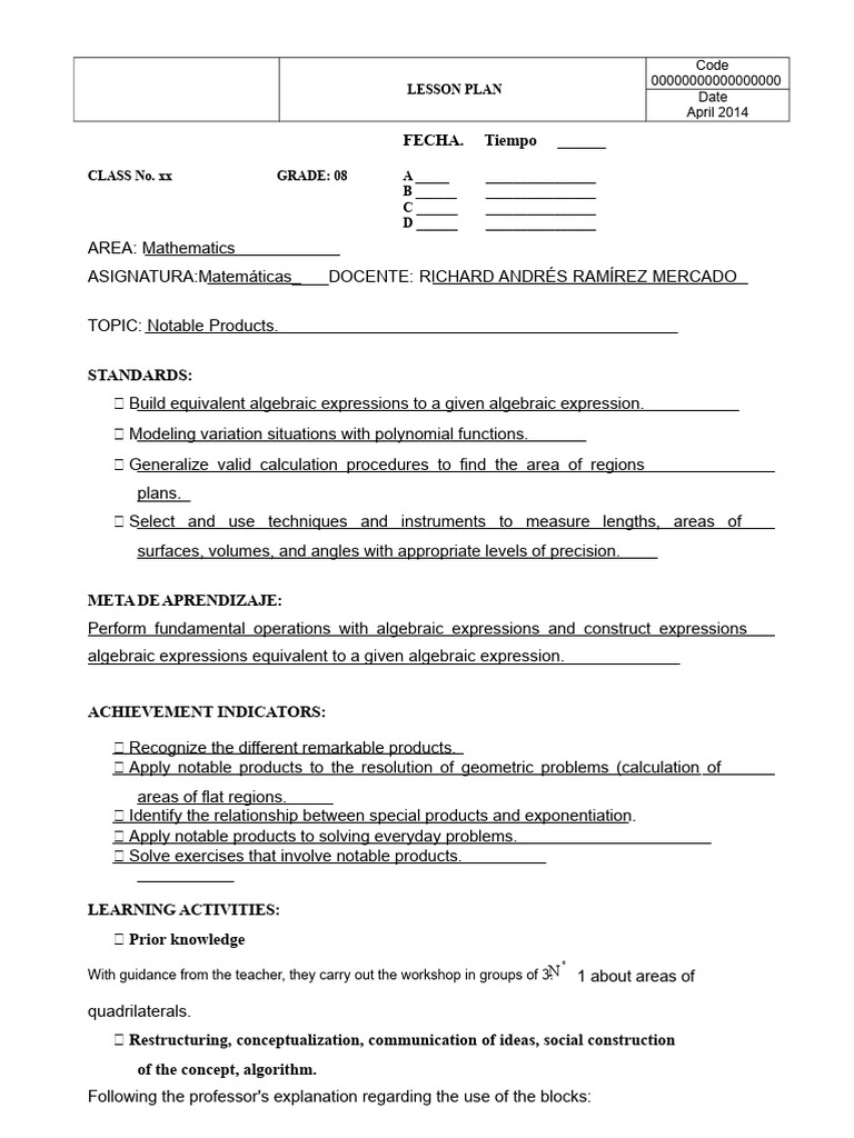 8th Grade Math Lesson Plan: Notable Products | PDF | Area | Geometry