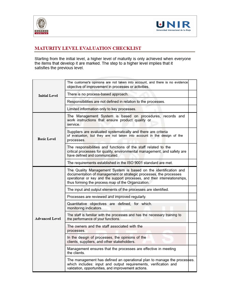 Check List Evaluation of Maturity Level PDF | PDF | Quality Management ...