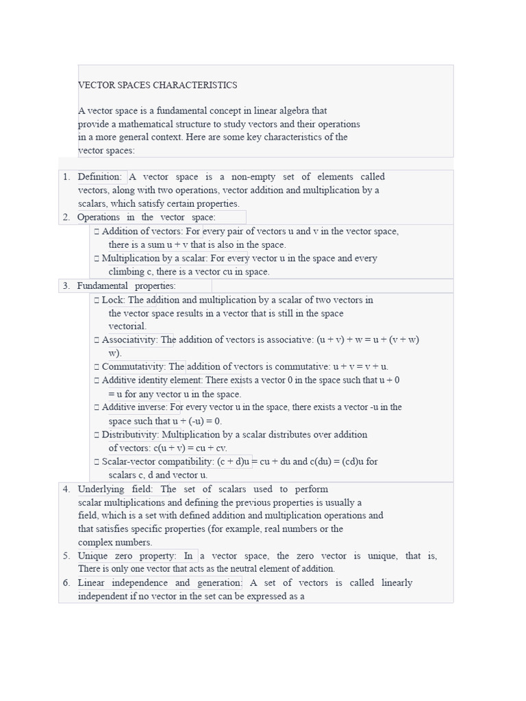 Vector Spaces Characteristics | PDF | Vector Space | Linear Map