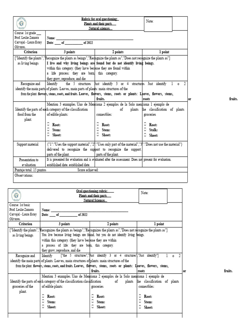 Rubric for evaluation Sciences 1st grade | PDF | Plants | Plant Morphology