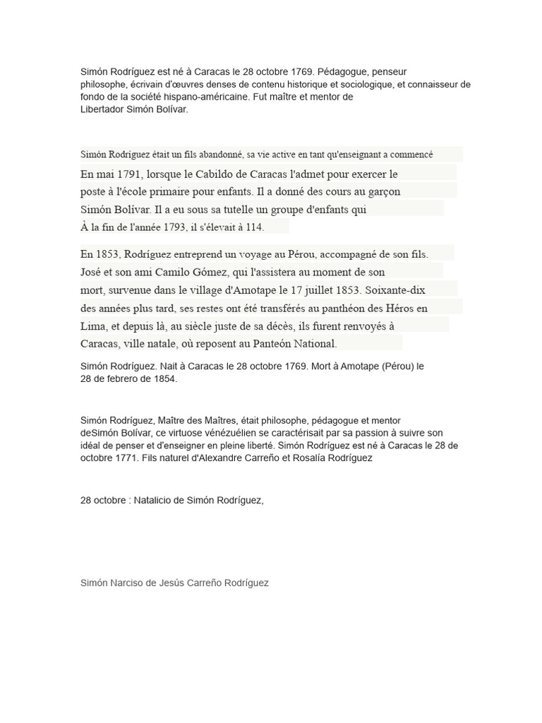 Biographie de Simón Rodríguez, Mentor de Bolívar | PDF