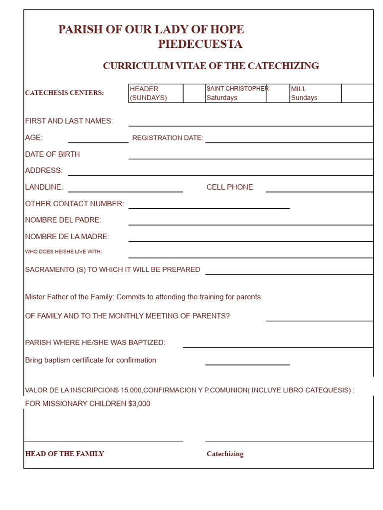 Catechesis Registration Form | PDF