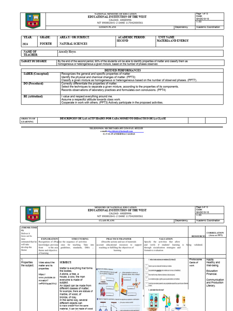 NATURAL SCIENCES CLASS PLAN SECOND PERIOD. FOURTH GRADE | PDF ...