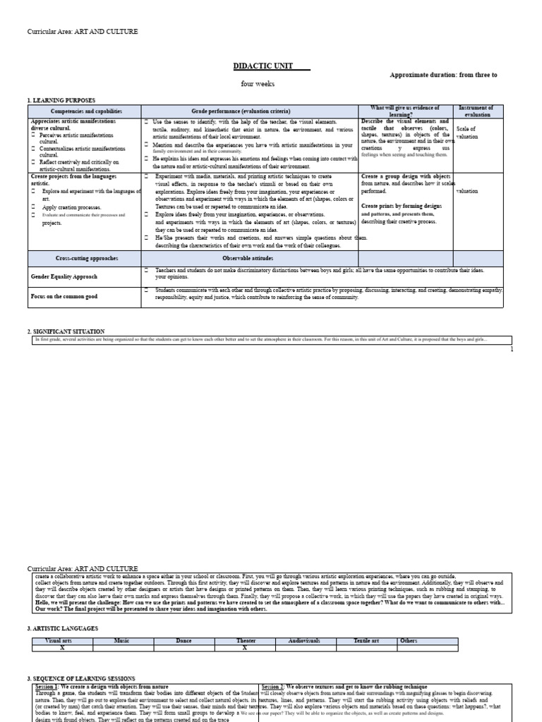 Unit - Art and Culture - First Grade | PDF | Somatosensory System | Senses