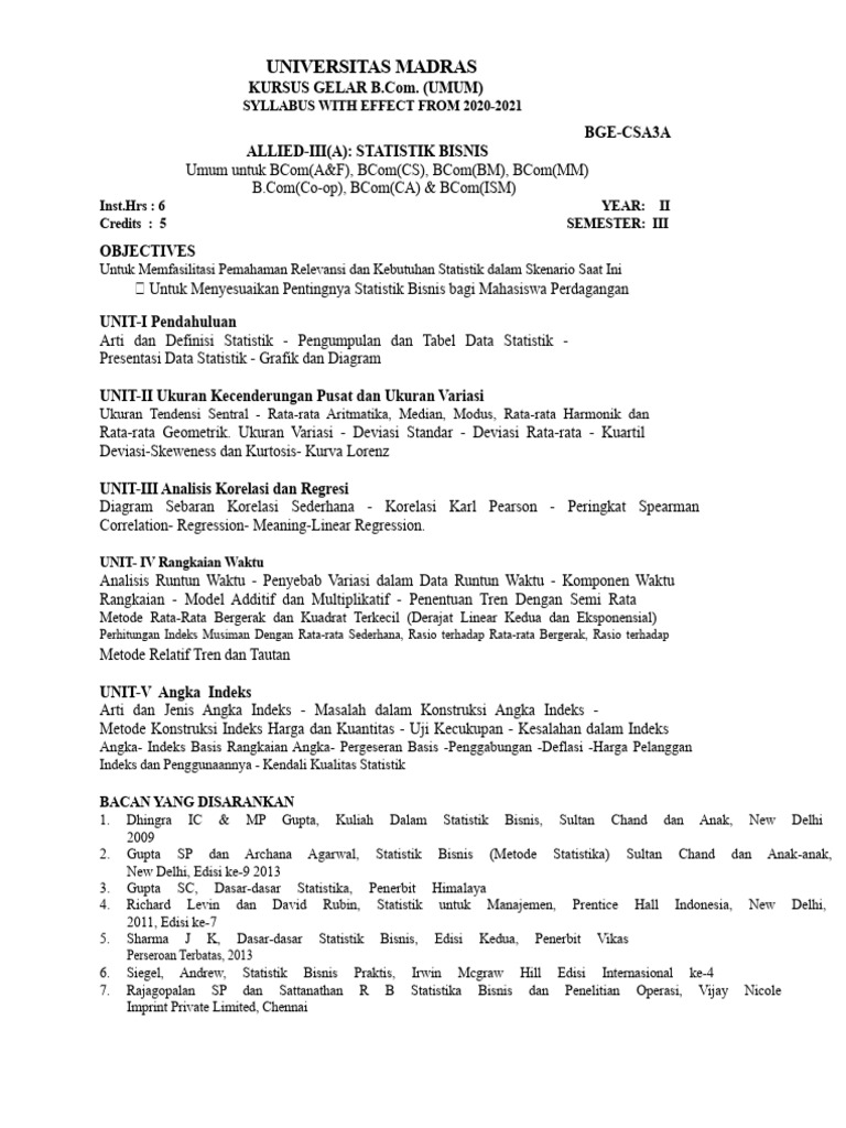 Silabus statistik bisnis Universitas Madras | PDF