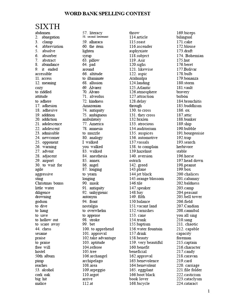 Word Bank for Spelling Contest | PDF
