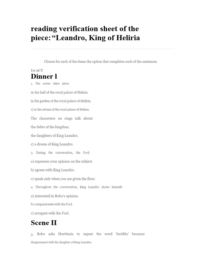Reading Verification Sheet of The Play | PDF | Jester