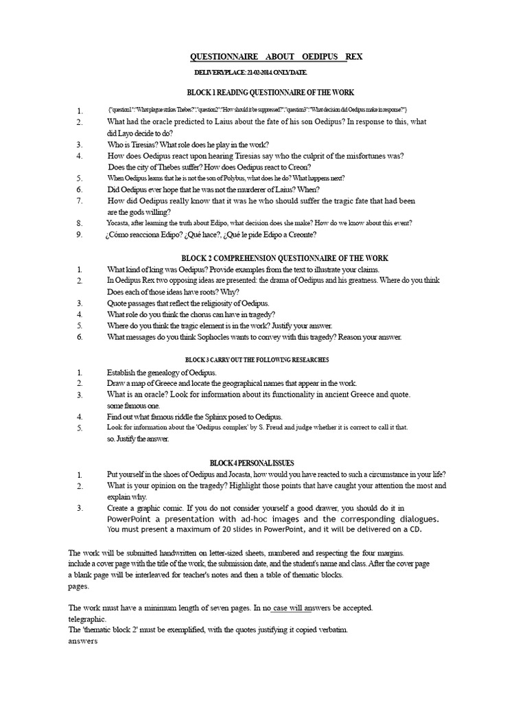 Questionnaire About Oedipus Rex | PDF | Oedipus | Theban Mythology