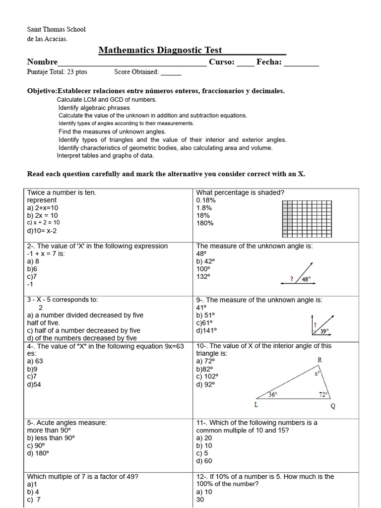 Mathematics Diagnostic Test for Students | PDF | Angle | Triangle
