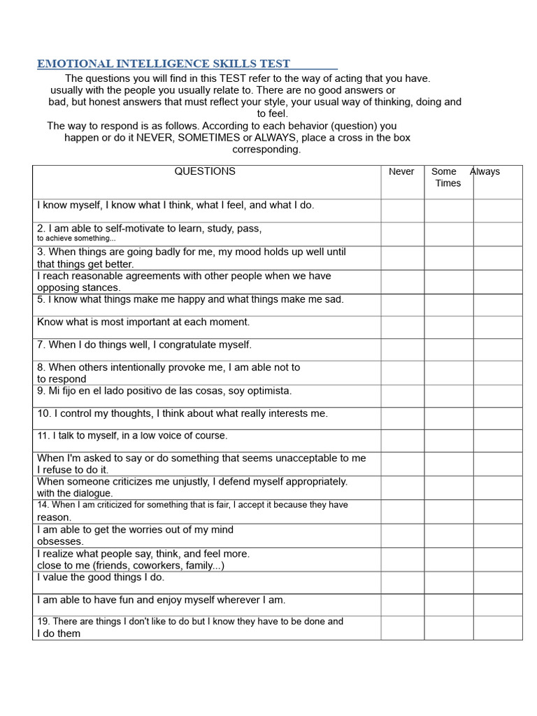 Emotional Intelligence Skills Test | PDF | Intelligence | Emotional ...