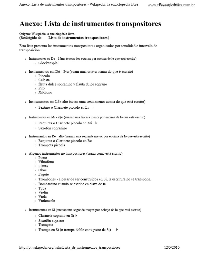 Lista de Instrumentos Transpositores | PDF | Saxofón | Instrumentos ...
