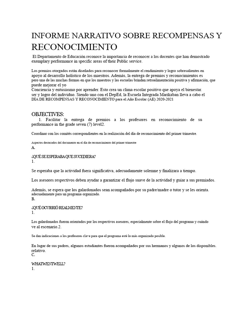Informe Narrativo Sobre Recompensas y Reconocimiento | PDF | Aprendizaje
