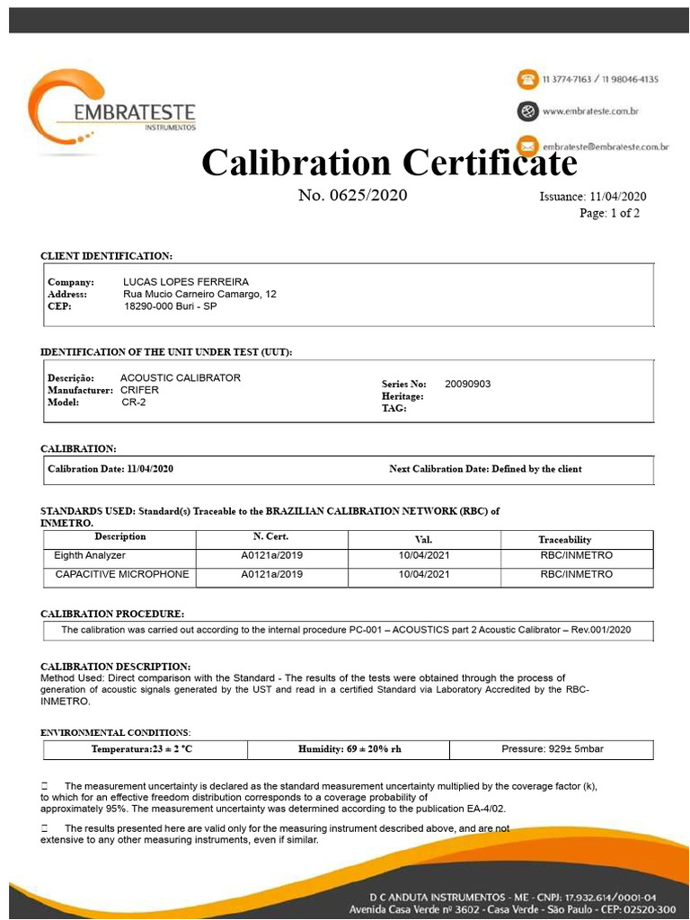 Calibration Certificate Calibrator | PDF | Calibration | Decibel