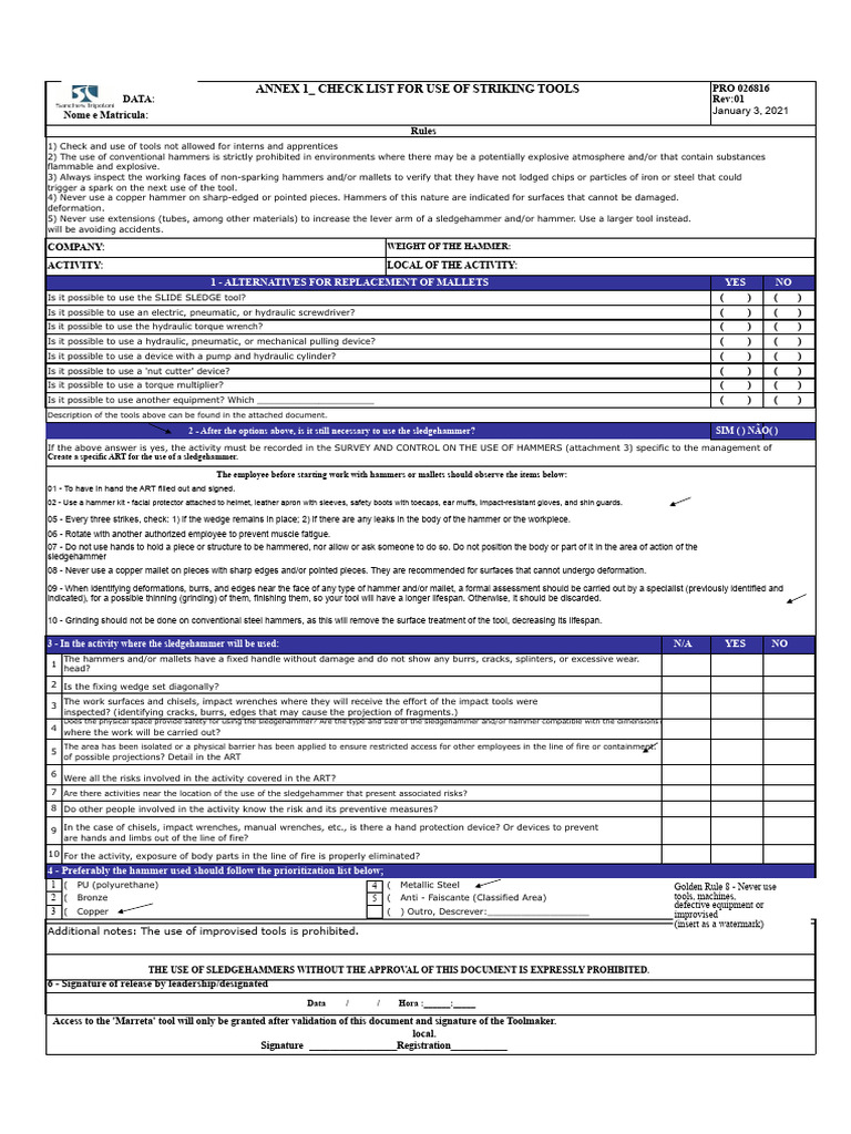 PRO-026816 - 01 - ATTACHMENT 1 CHECKLIST FOR THE USE OF STRIKING TOOLS ...