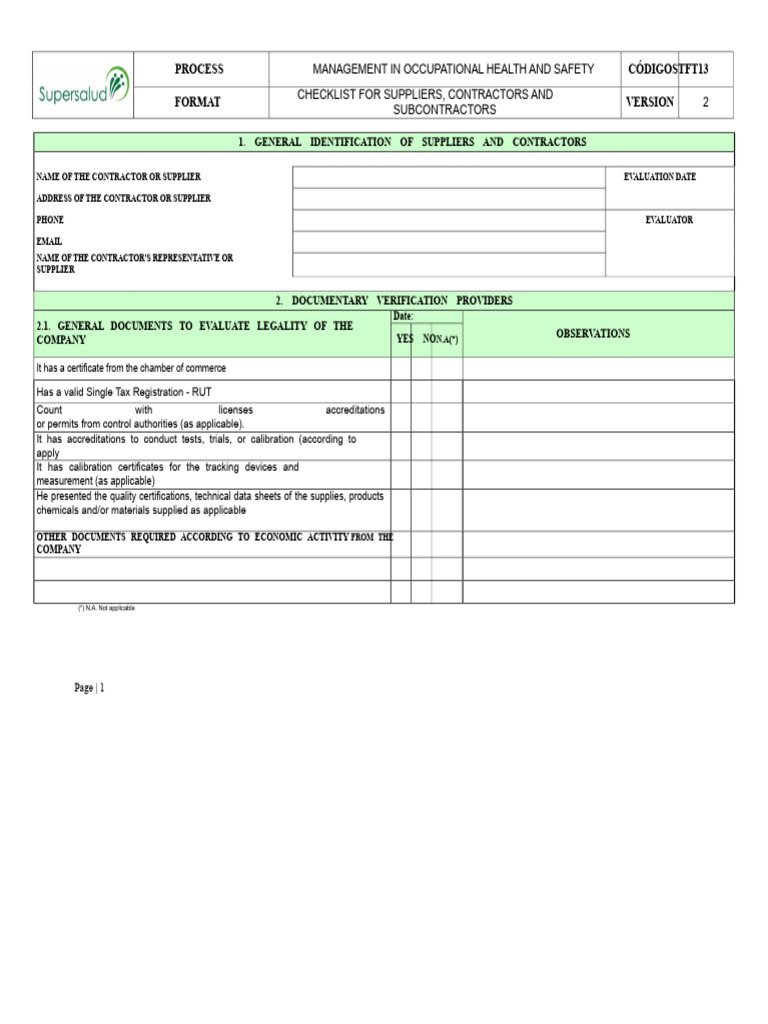 Supplier and Contractor Checklist | PDF | Occupational Safety And ...