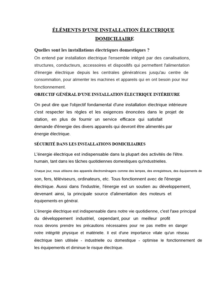 Rapport Éléments D'une Installation Électrique Domiciliaire | PDF ...