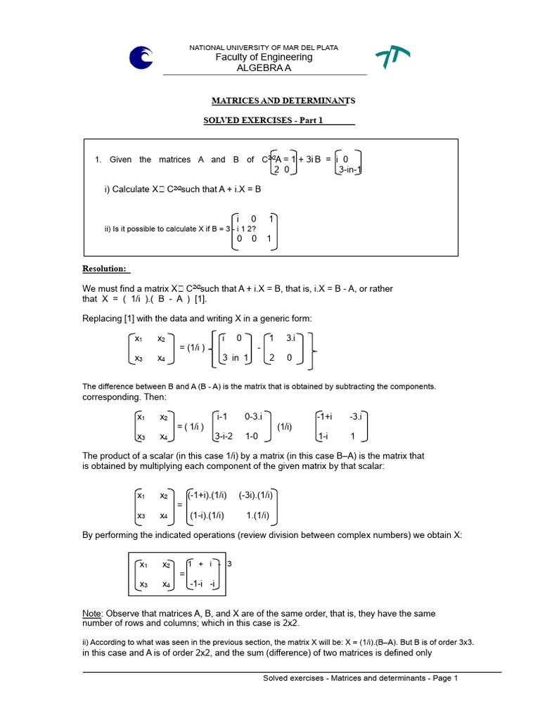 Solved Exercises Matrices | PDF | Matrix (Mathematics) | Determinant