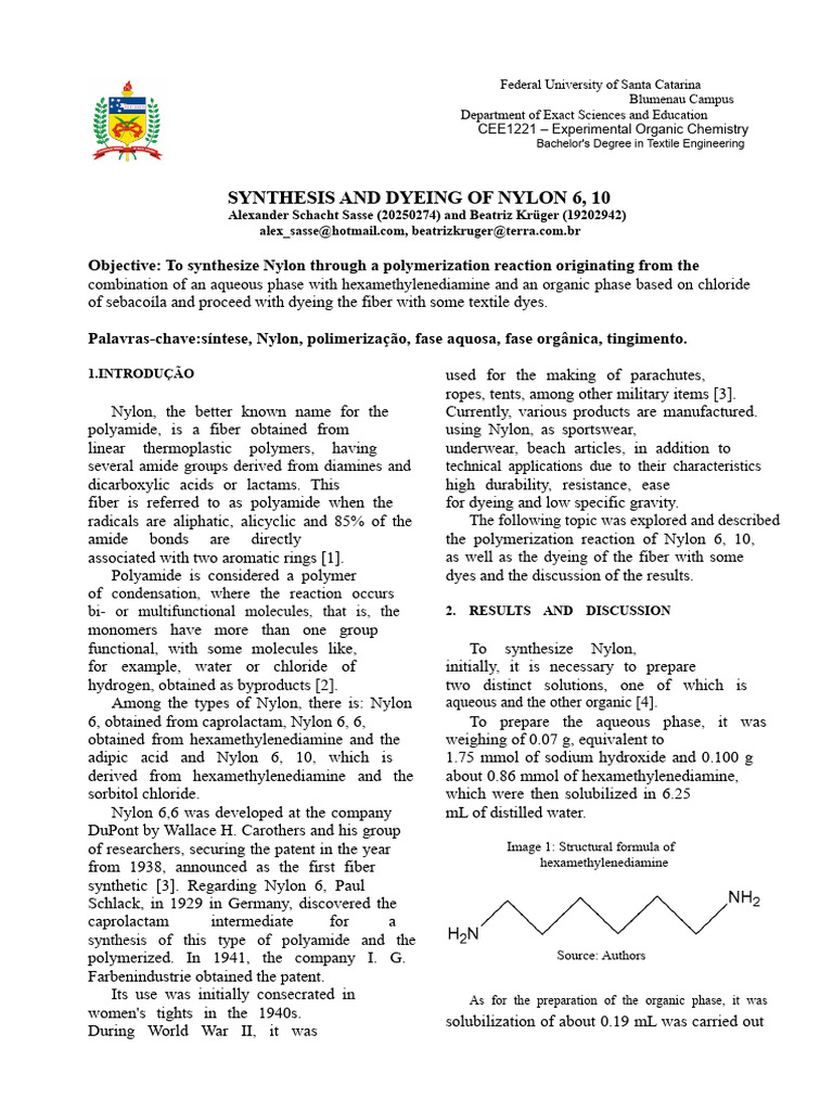 Report Vii - Synthesis and Dyeing of Nylon 6, 10 | PDF | Dyeing | Nylon