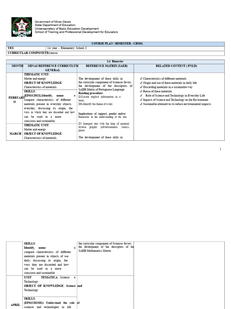 COURSE PLAN - MINAS GERAIS REFERENCE CURRICULUM - Science Early Years ...