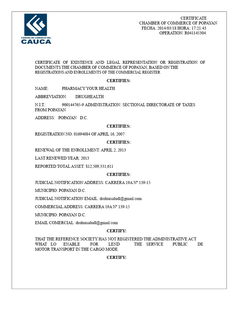 Certificate of Existence and Legal Representation or Document ...