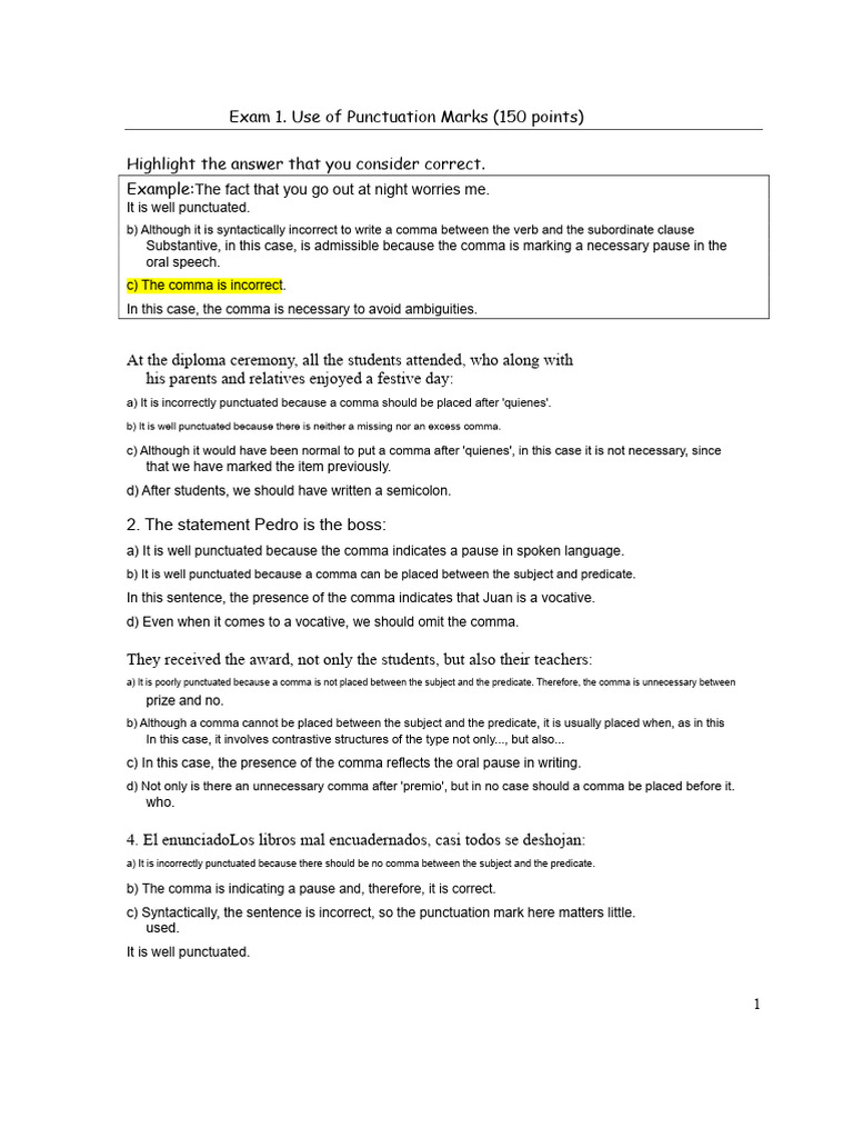 Punctuation Marks Exam Questions | PDF | Comma | Sentence (Linguistics)