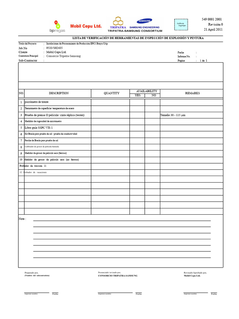 Lista de Verificación de Inspección EPC1 | PDF | Termodinámica