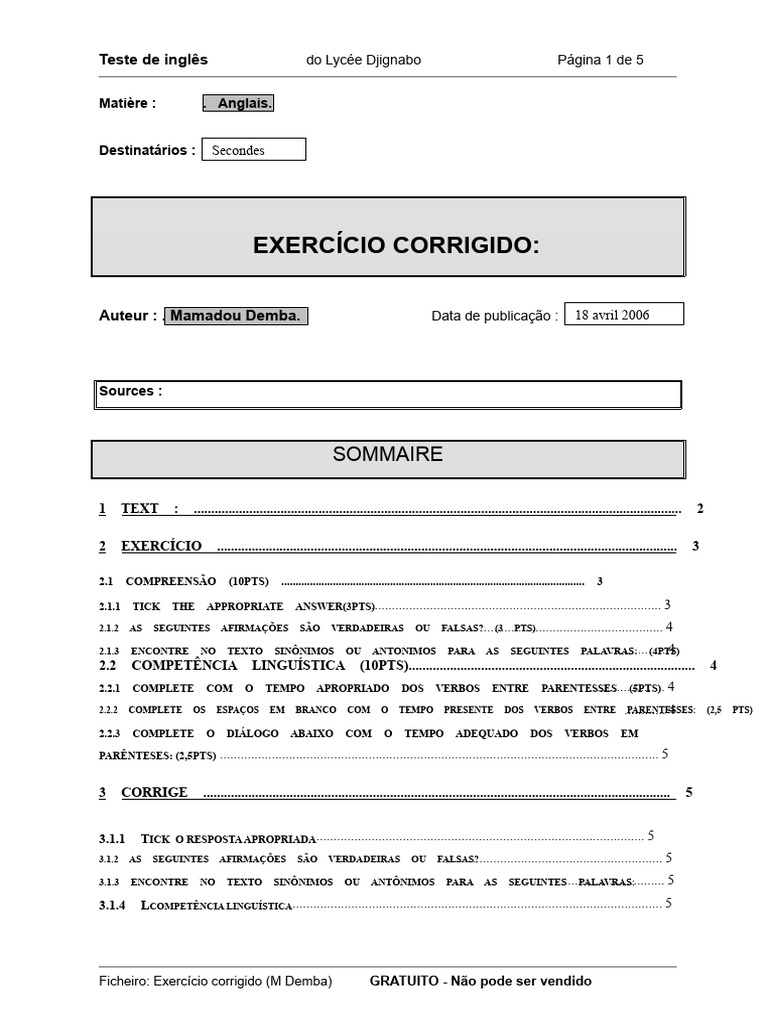 exercício corrigido em inglês | PDF