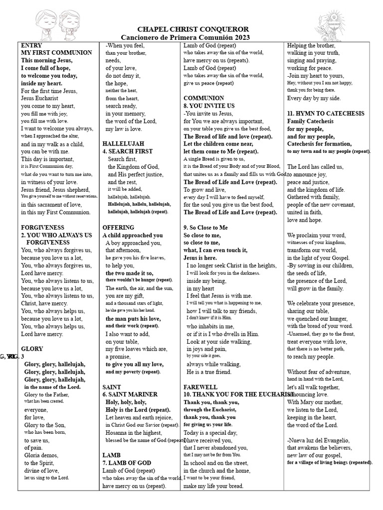 Hymns For The First Communion Mass | PDF | Eucharist | Glory (Religion)
