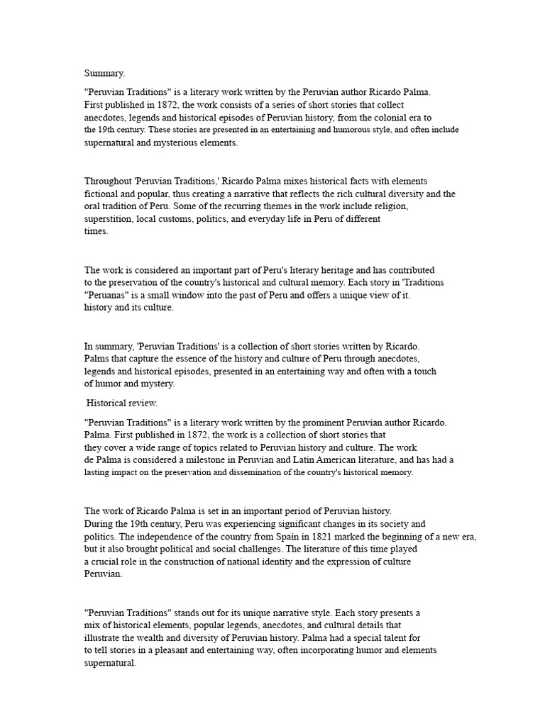 Summary of Peruvian Traditions | PDF | Peru | Traditions