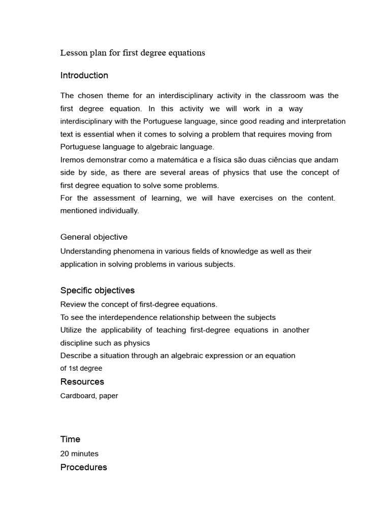 Lesson plan for first-degree equations | PDF | Equations | Speed