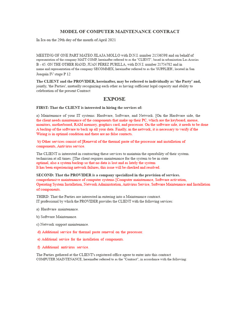 Model of IT Maintenance Contract | PDF | Software | Computer Hardware