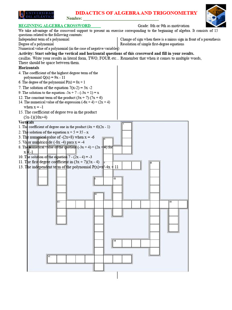 ALgebra Starter Crossword With Solution | PDF