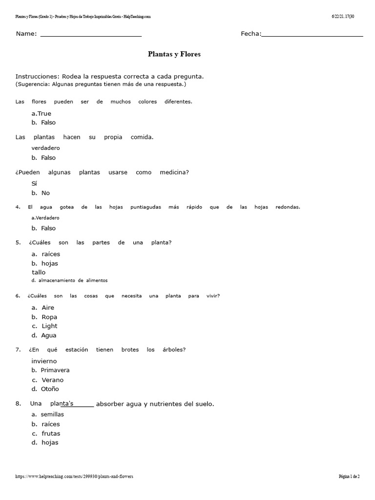 Plantas y Flores (Grado 1) - Pruebas y Hojas de Trabajo Imprimibles ...