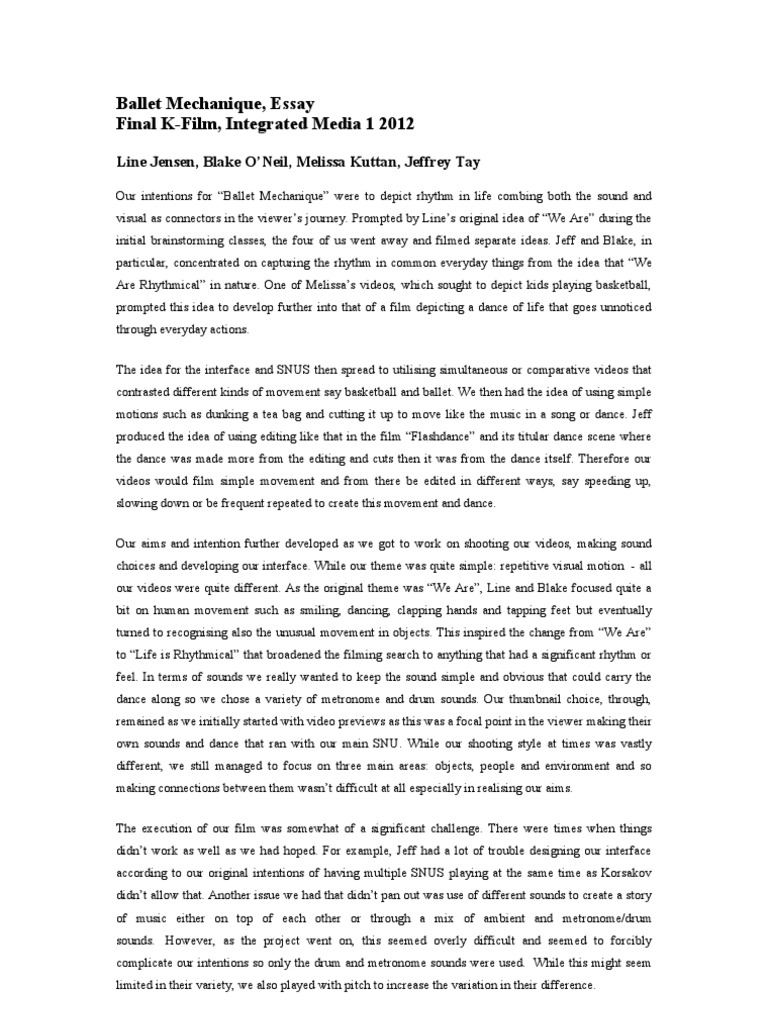 Ballet Mechanique, Essay Final K-Film, Integrated Media 1 2012 ...