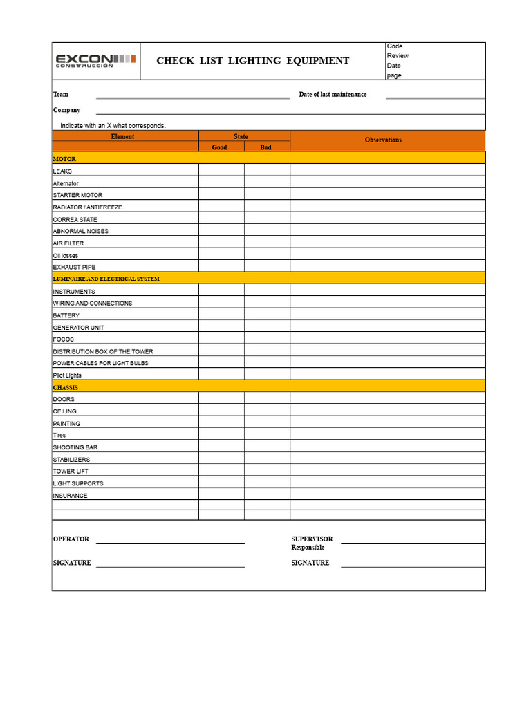 Lighting Equipment Checklist | PDF