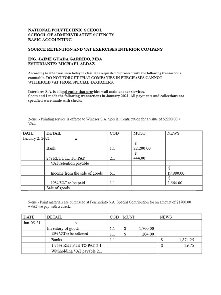 Accounting Exercises for VAT and Withholding | PDF | Value Added Tax ...