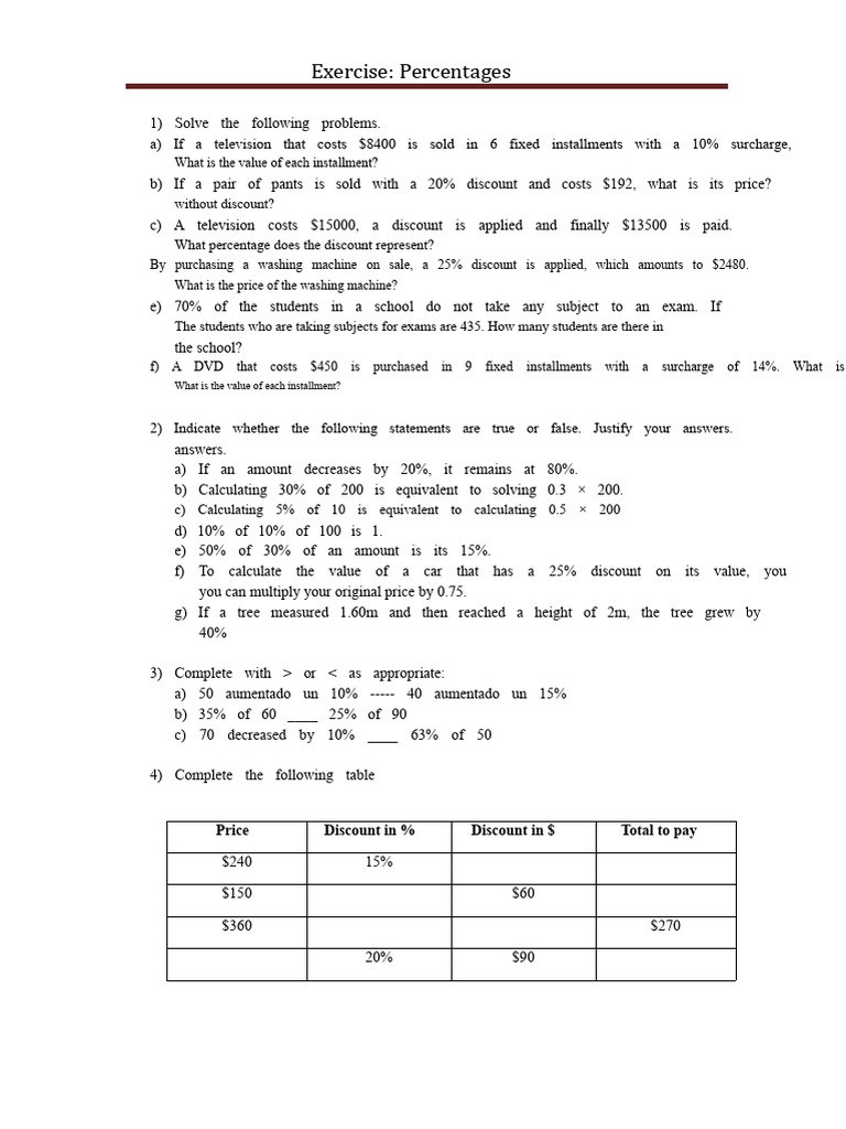 PRACTICAL WORK Solve The Following Problems (Percentages) 6B | PDF