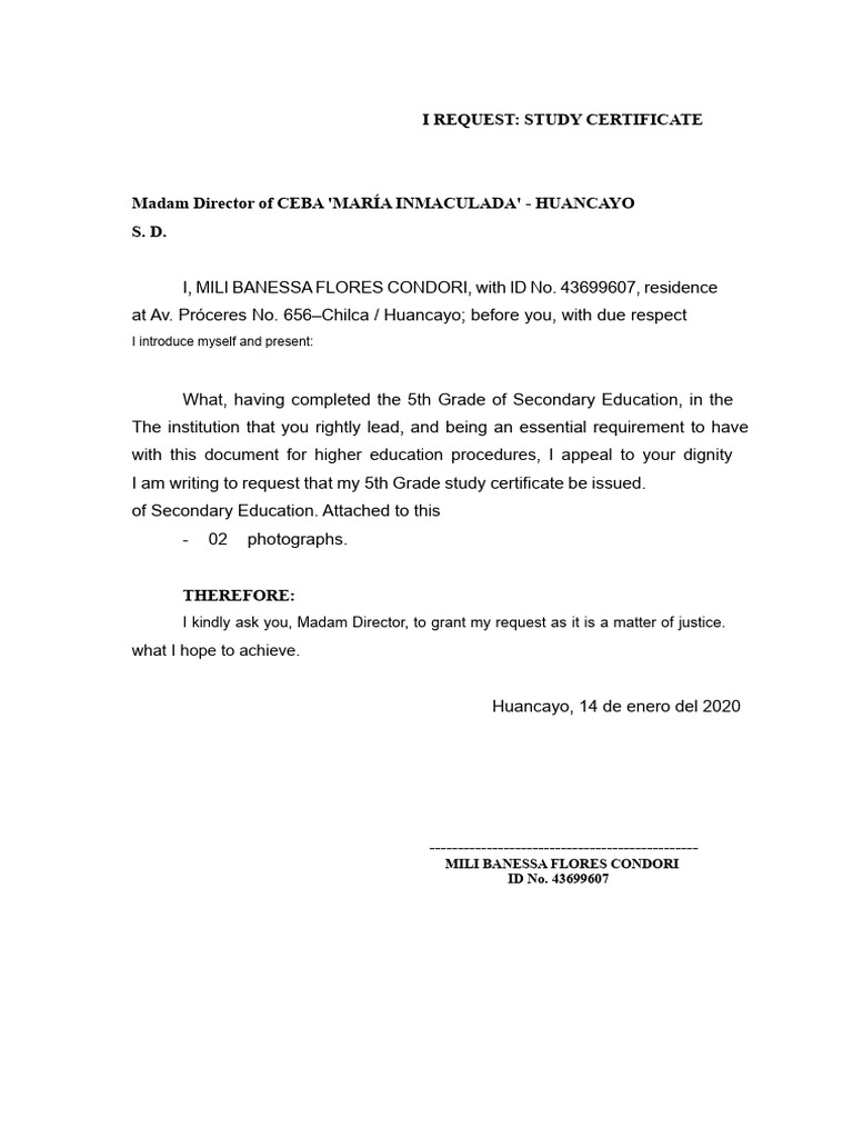 Request for 5th Grade Study Certificate | PDF