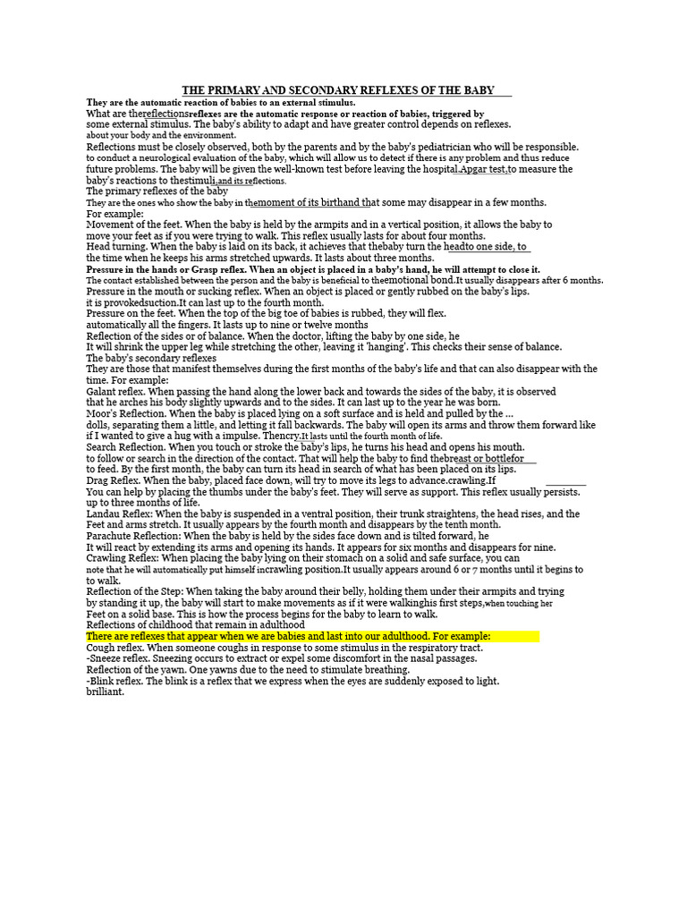 The Primary and Secondary Reflections of | PDF | Infants | Hand