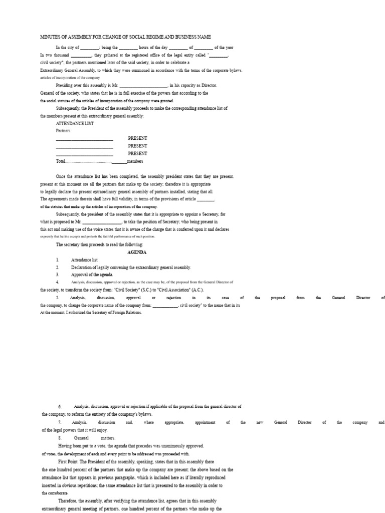 Minutes of Assembly For Change of Social Regime and Corporate Name ...